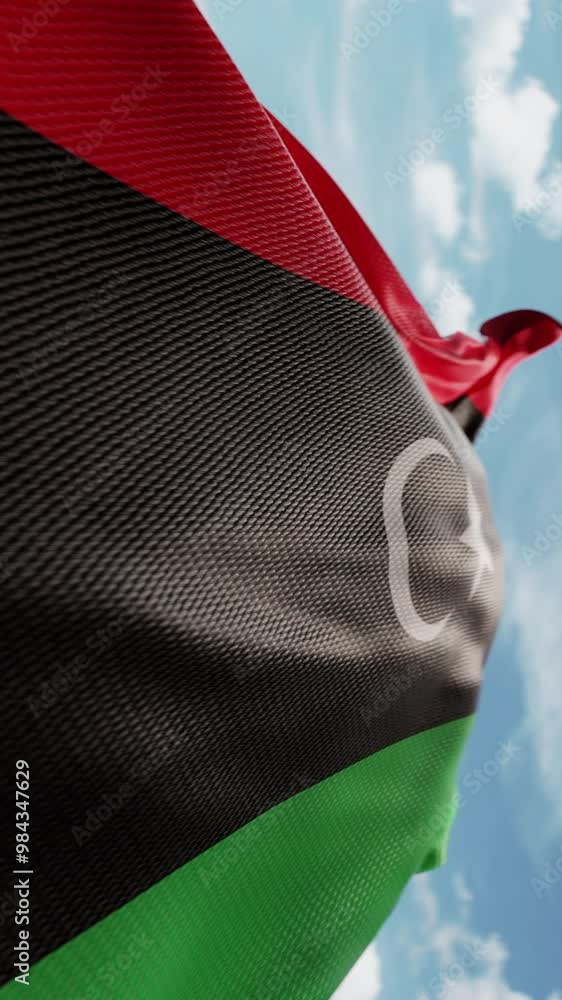 Wavy flag of Libya blowing in the wind in slow motion. Waving colorful ...