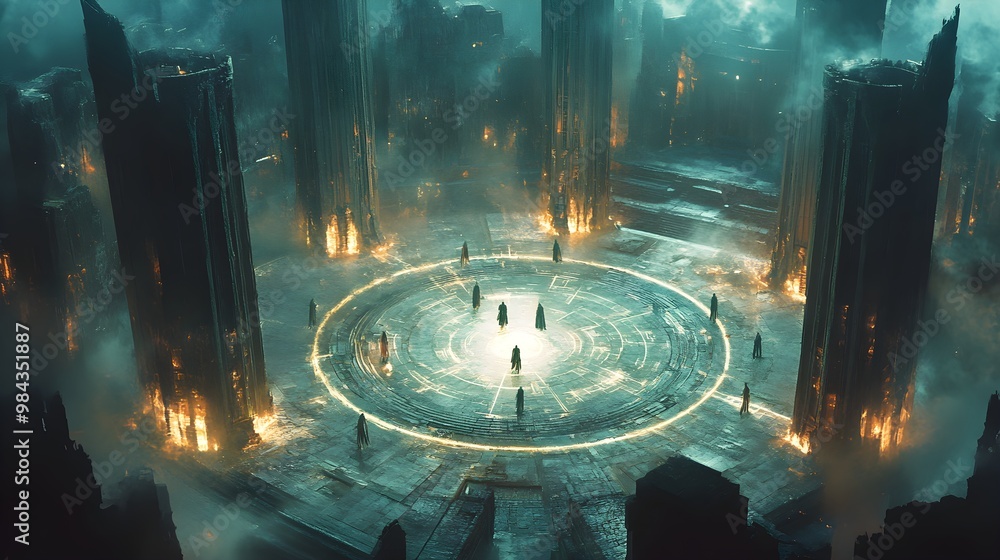 An ethereal courtyard encircled by towers of sorcerers, each tower ...