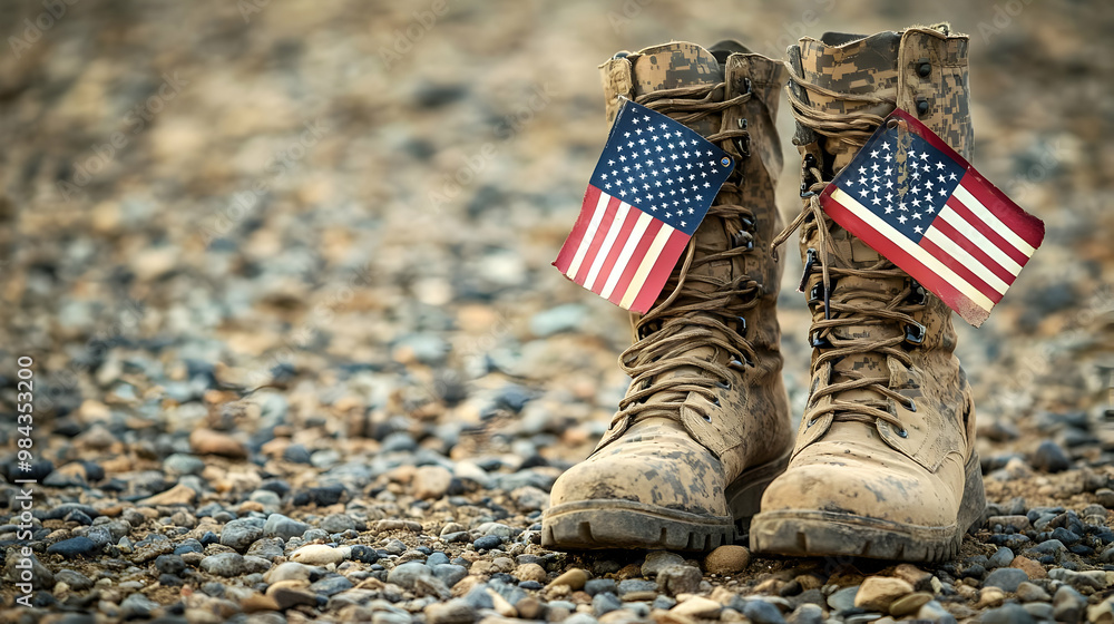 A Pair of Worn Military Boots with American Flags Tied to Them Resting ...