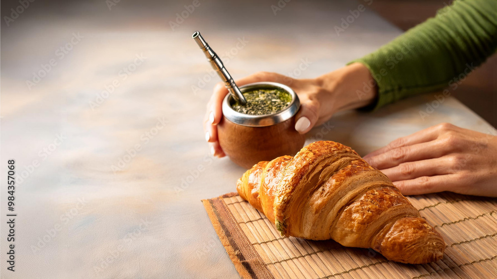 una mujer tomando mate con medialunas, bebida tipica argentina, espacio ...