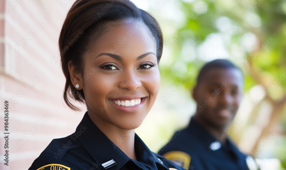 Two police officers are standing next to each other, one of them ...