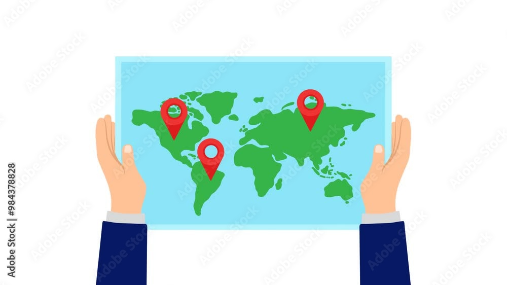 4K video Map Footage with Hand, world map and Pin Location on White ...