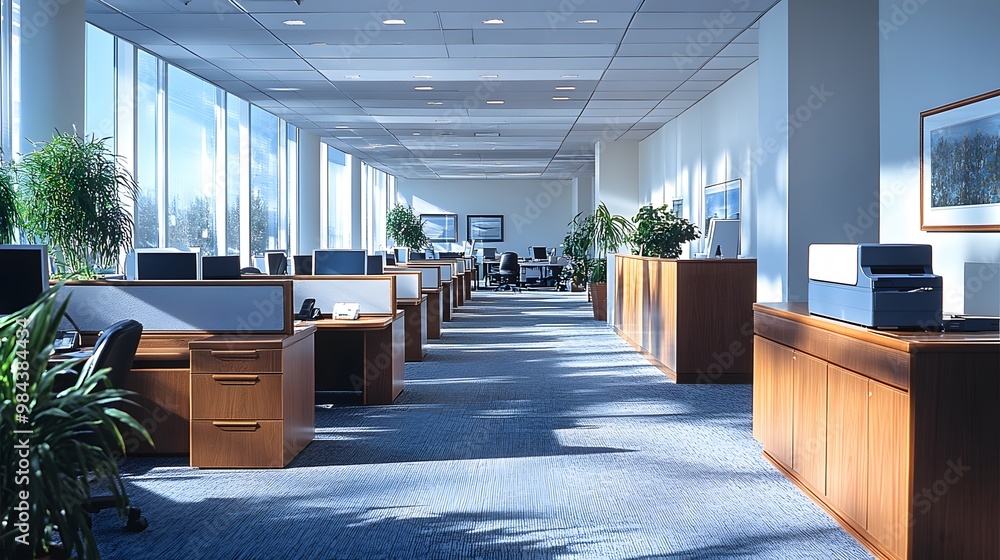 Open office cubicle design with phones, tables, and a nearby printer ...