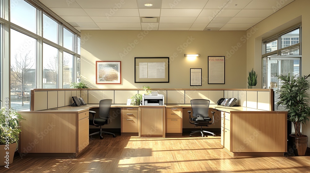 Open office cubicle design with phones, tables, and a nearby printer ...