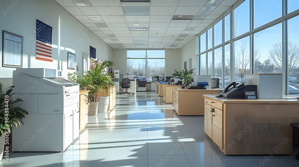 Open office cubicle design with phones, tables, and a nearby printer ...