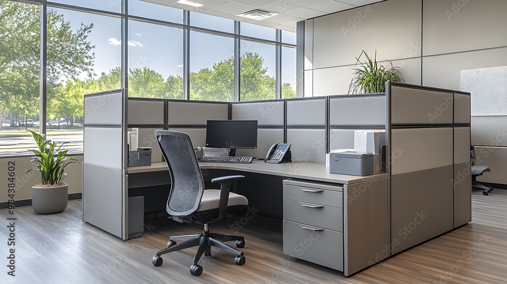 Professional workspace cubicles with phones on desks, office supplies ...