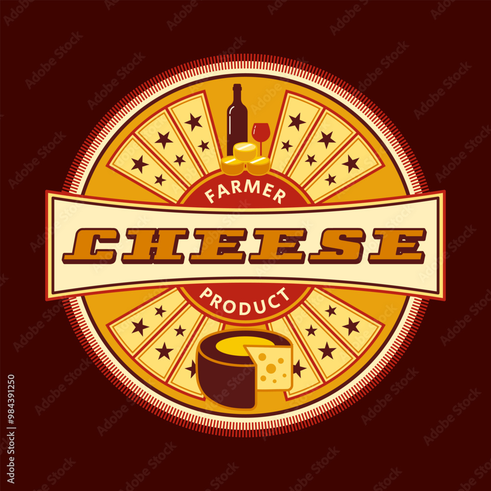 Circular cheese label template with icons of cheese wheel, wine bottle ...