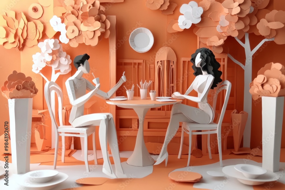 closeup Side view of 3D restaurant concept, made from paper craft ...