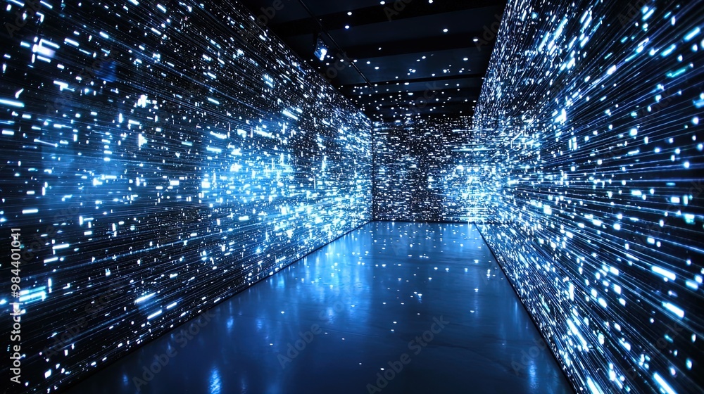 The image depicts a futuristic, immersive light installation with walls ...