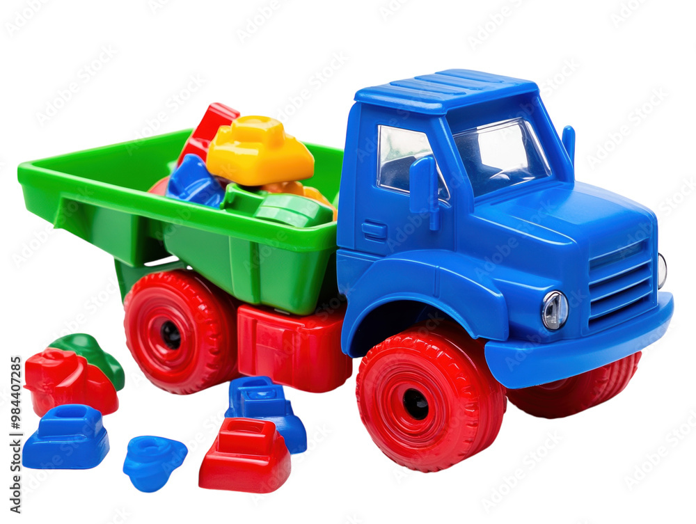 Colorful plastic toy dump truck with vibrant colors, isolated on white ...