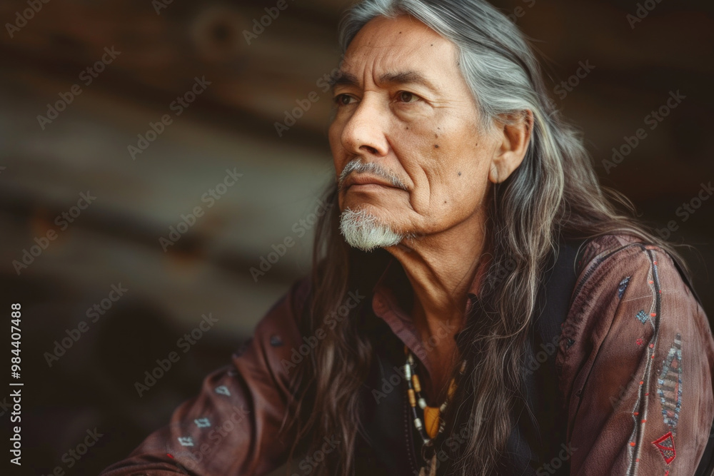 Solemn Native American man in traditional attire, his face marked by ...