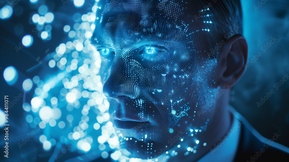 Digital overlay on man's face. Glowing points form facial features ...