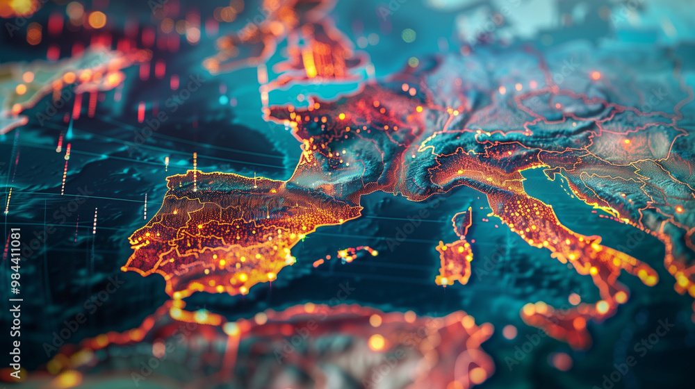 Glowing digital map of Europe with interconnected data points ...
