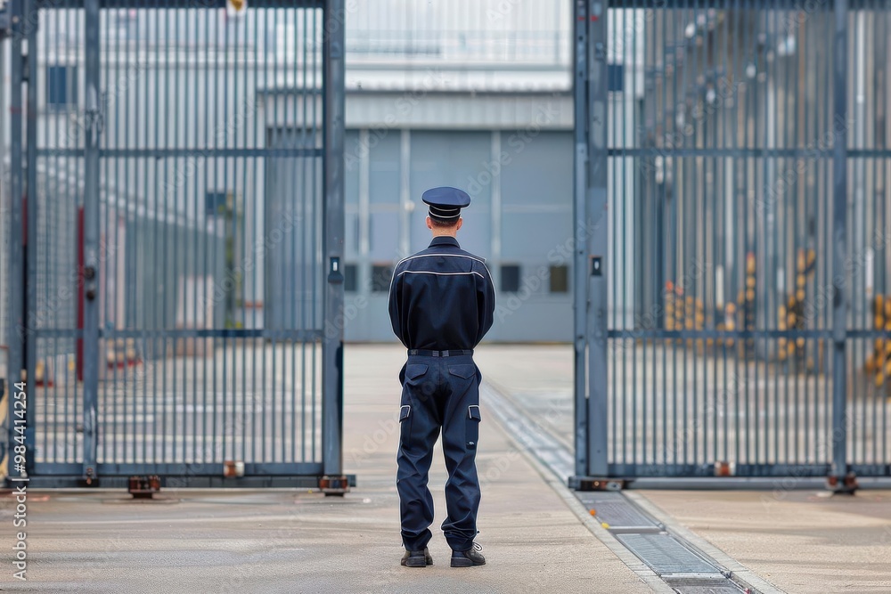 Customs officer standing in front of a closed gate of opportunities ...