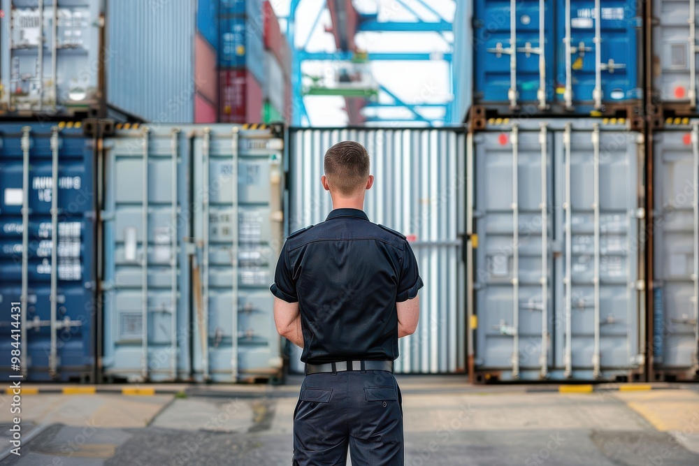 Customs officer standing in front of a closed gate of opportunities ...