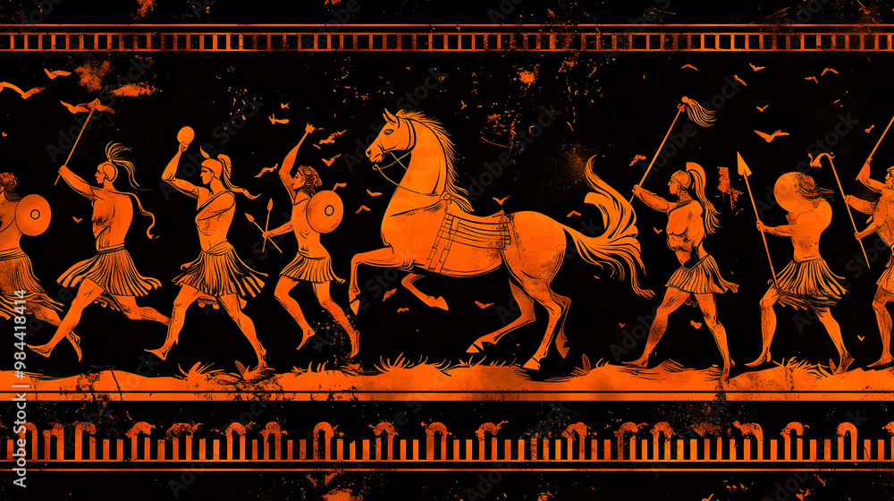 Ancient Greek Style Illustration Depicting a Scene of Warriors on Foot ...