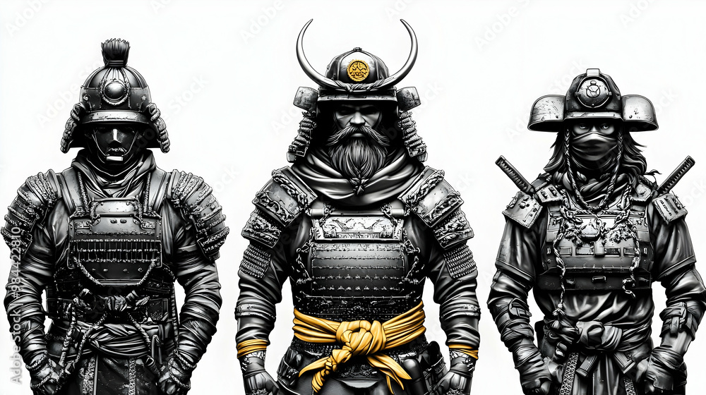 Three 3D Rendered Samurai Warriors in Black and Gold Armor, Standing ...