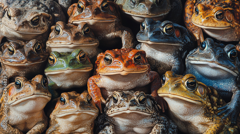 A group of toads of different breeds and colors closely gathered ...