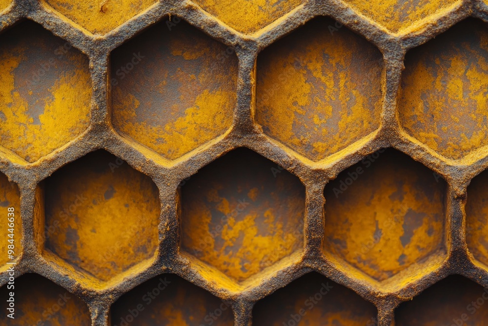 Detailed capture of a rustic honeycomb pattern set in a metal structure ...