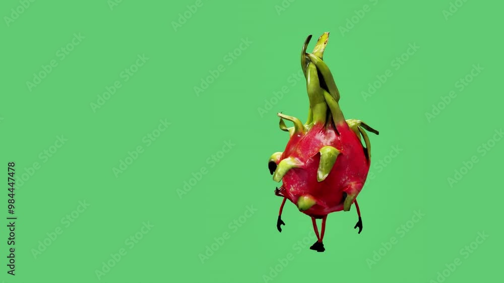 A 3D animated dragon fruit character walking. The scene captures the ...