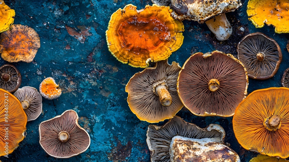 Unique textures of various mushrooms and a giant clam shell in a ...