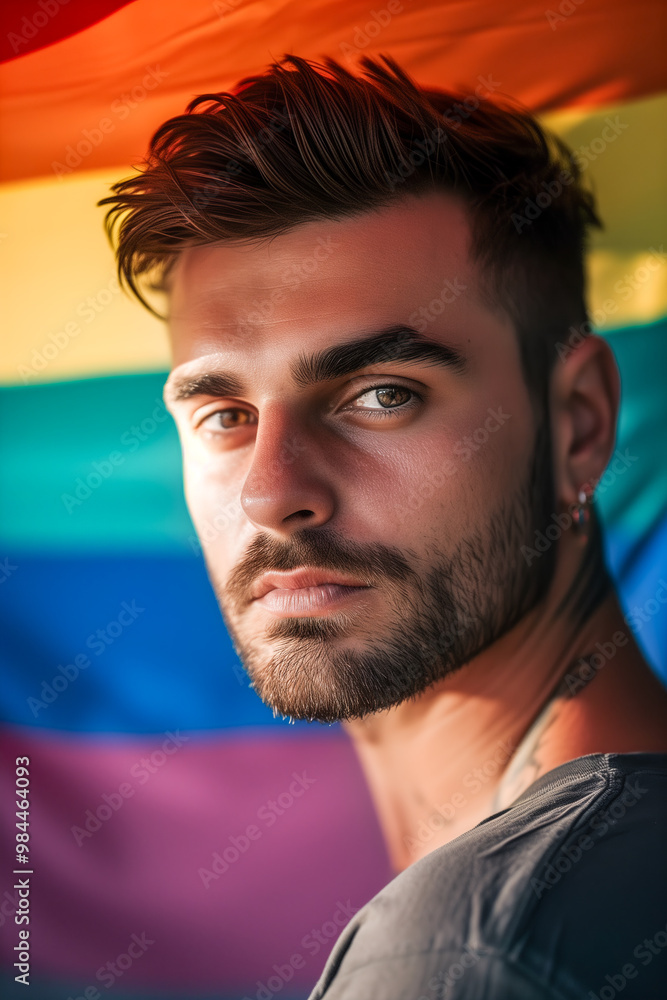 Young man with pride flag backdrop in a thoughtful pose. Generative AI ...