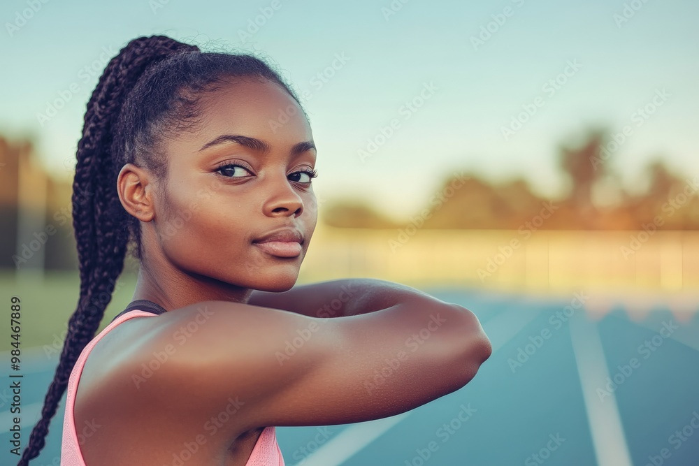 A young woman with a braided ponytail looks back over her shoulder on ...