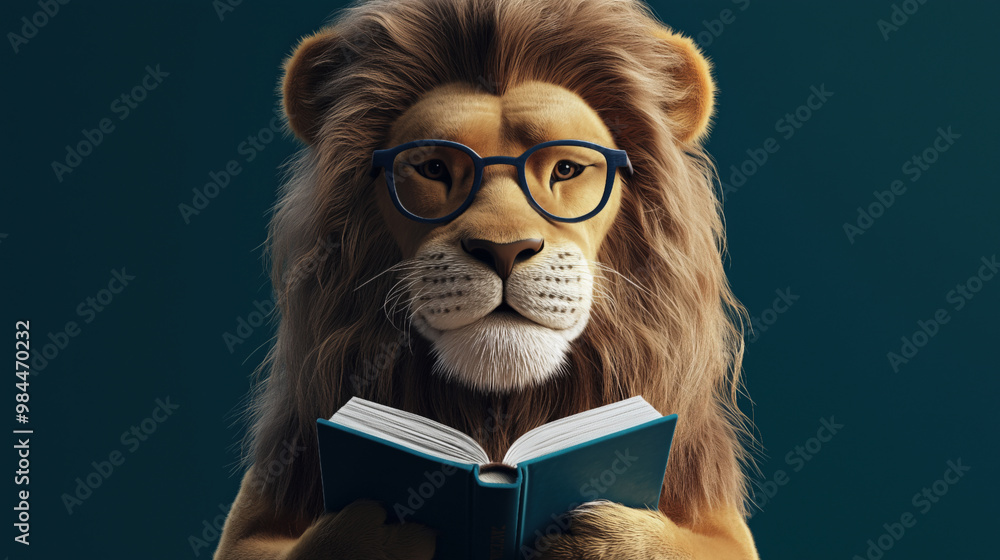 Foto de Representación en 3D de un simpático león con gafas leyendo un ...