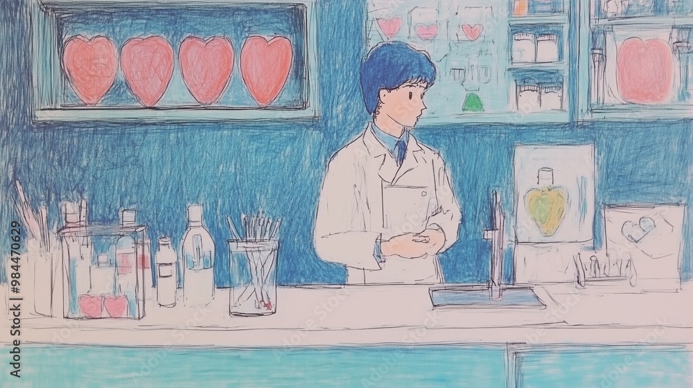 Artistic pencil sketch illustrating a medical professional behind a ...