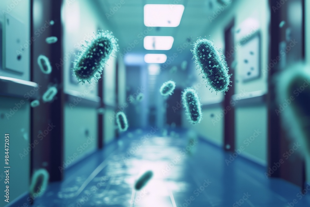A hospital corridor depicted with floating bacteria particles ...