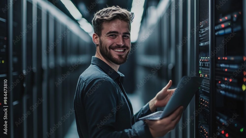 A smiling data technician holding a laptop stands in a futuristic ...