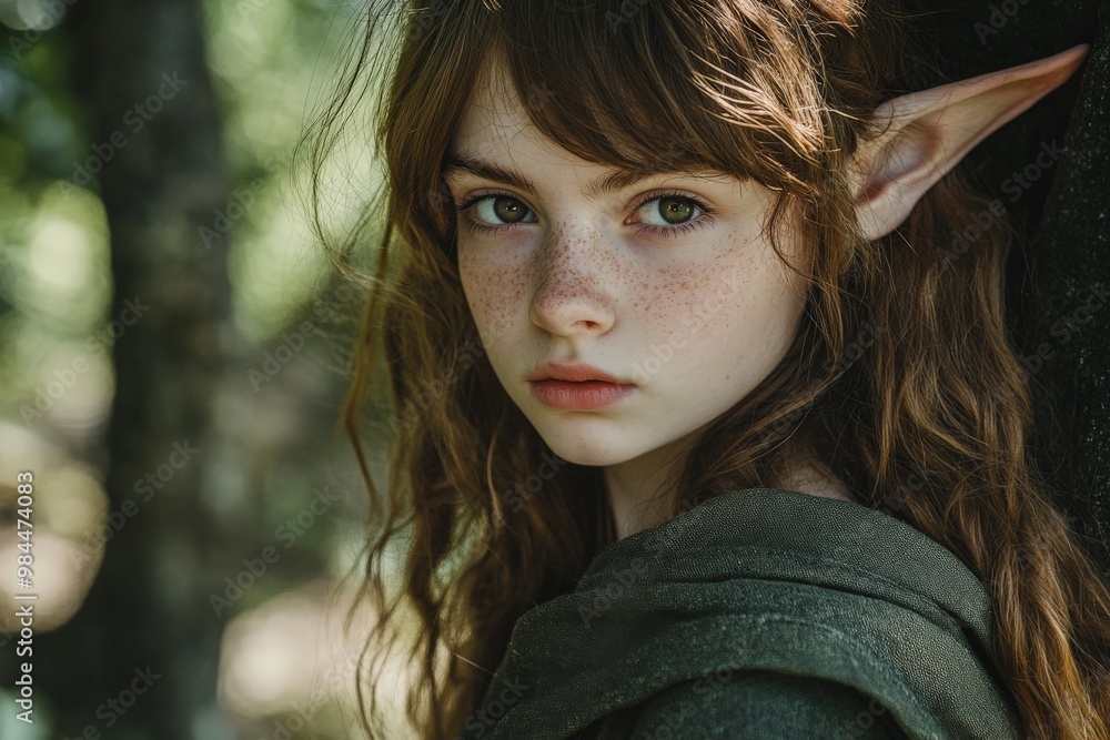 A fantasy-themed portrait of a girl with elf ears in a forest setting ...