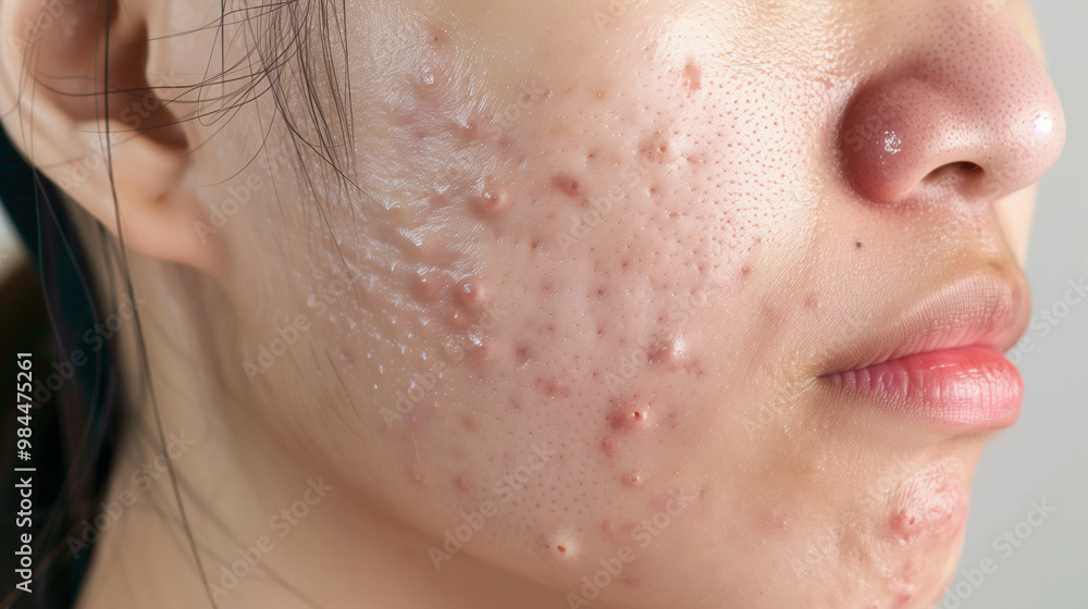 Acne pimple and scar on skin face, disorders of sebaceous glands ...