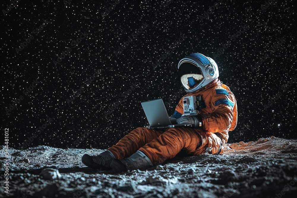 Astronaut Sitting on the Moon's Surface Using a Laptop, Under a Starry ...