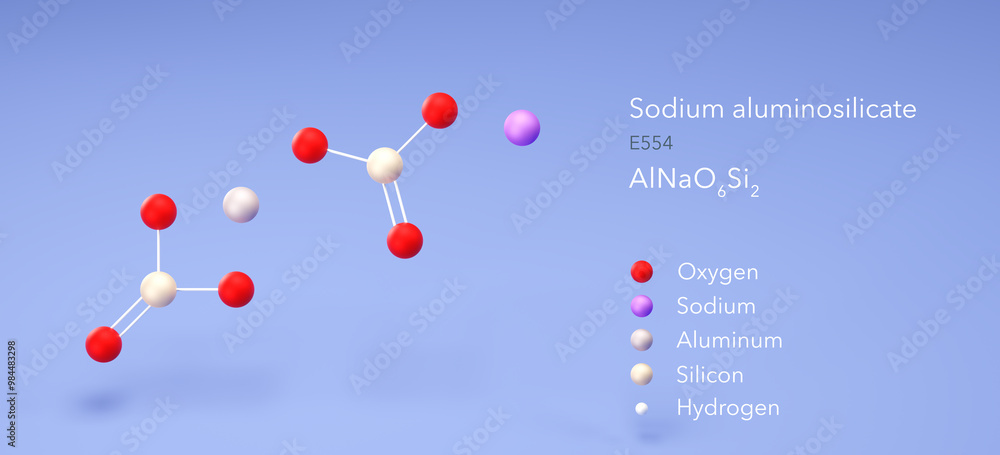 sodium aluminosilicate molecule, molecular structure, e554, 3d model ...