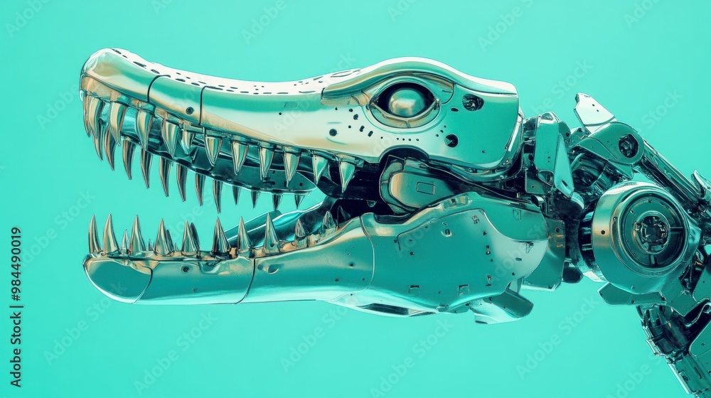 Crocodile robot with jaws open wide on a pastel teal background ...