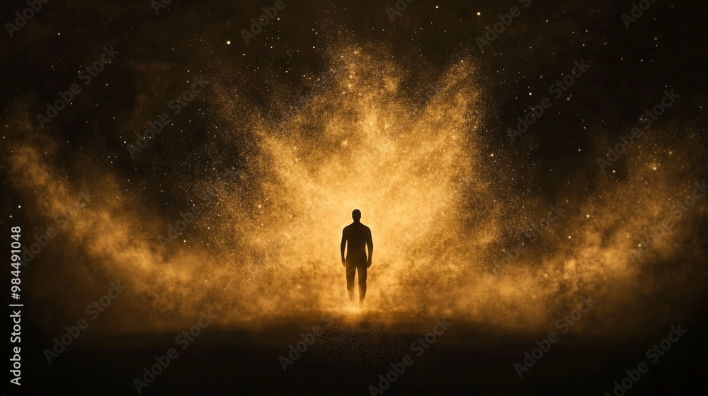 Person standing in a cloud of golden dust, symbolic of spiritual ...