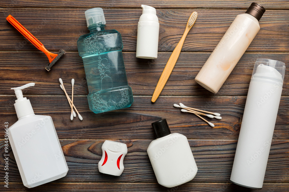 Mockup for bathing products top view flat lay, spa razor, toothpaste ...