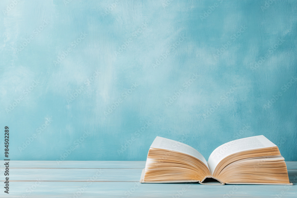 A book is open on a table with a blue background. The book is a novel ...