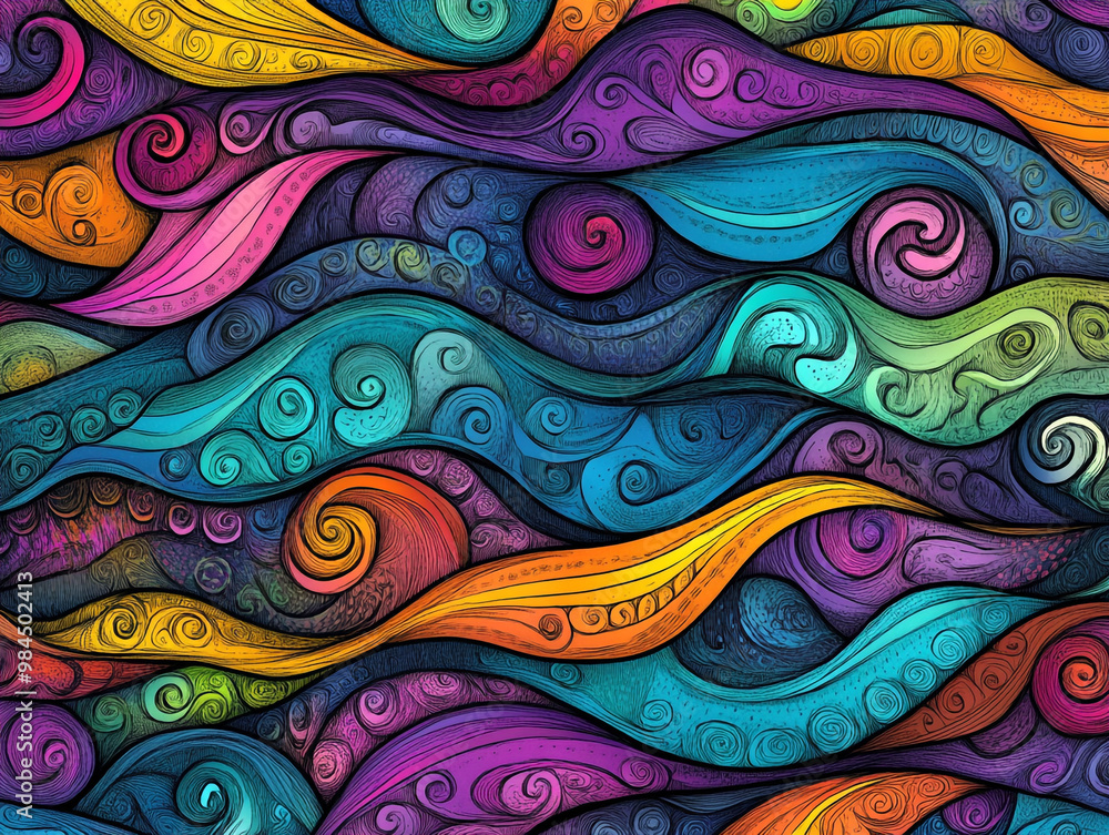 A colorful zentangle drawing with swirls and curves. The colors are ...