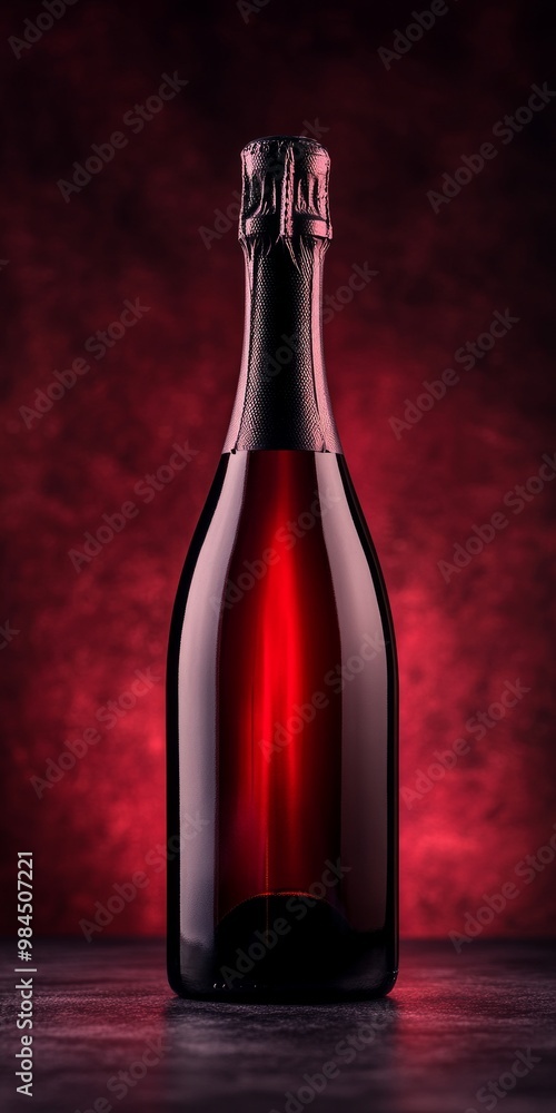 A stunning red sparkling wine bottle stands prominently against a dark ...