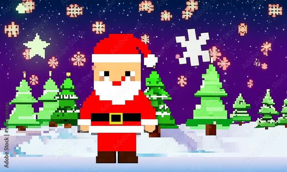 Santa Claus in pixel art style with Christmas trees and snowflakes ...