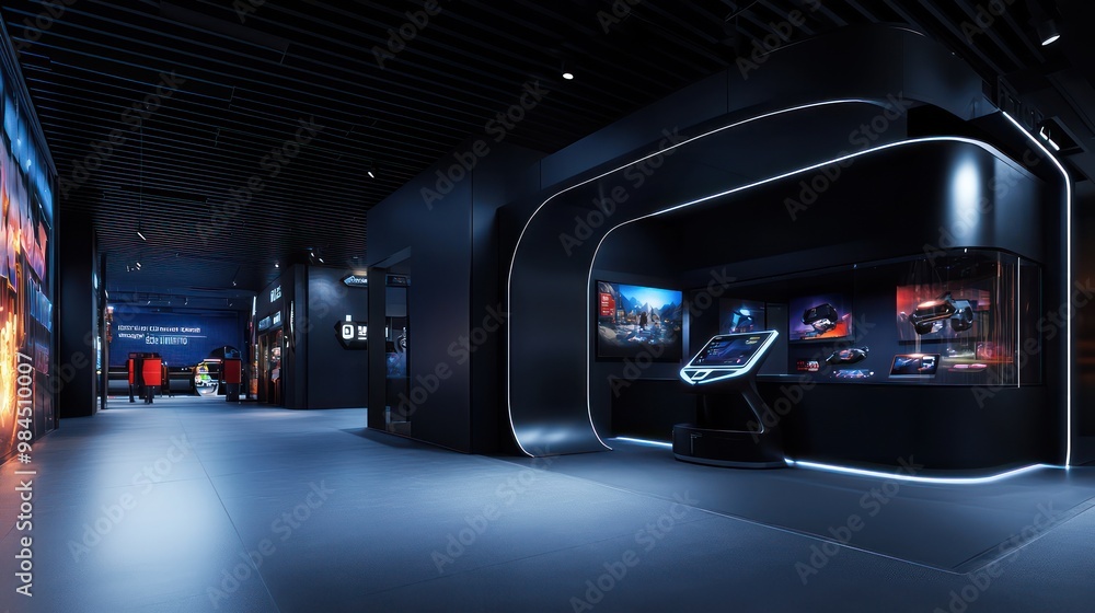 A state-of-the-art virtual reality arcade with a sleek black exterior ...