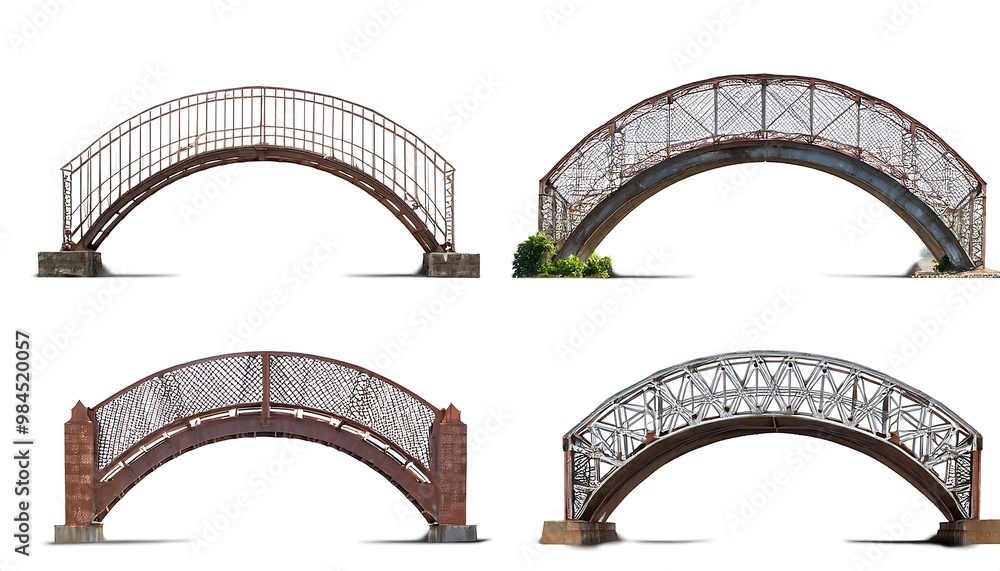 Set collection of arch rustic metal bridge front view on transparent ...