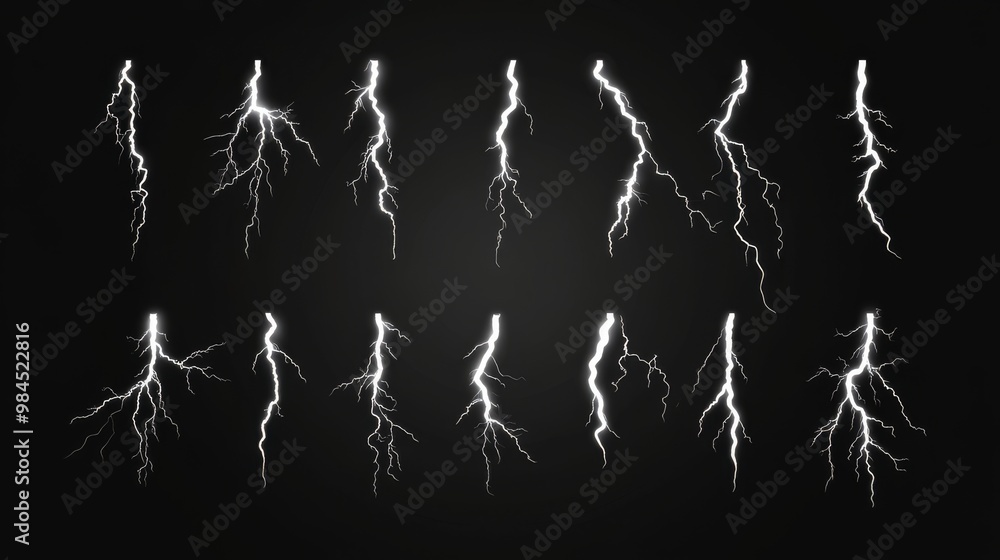 Lightning strikes are presented as a sprite sheet, displaying realistic ...