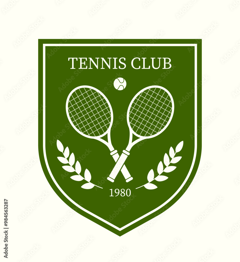 Tennis club logo. Two rackets with ball in green shield. Competition ...