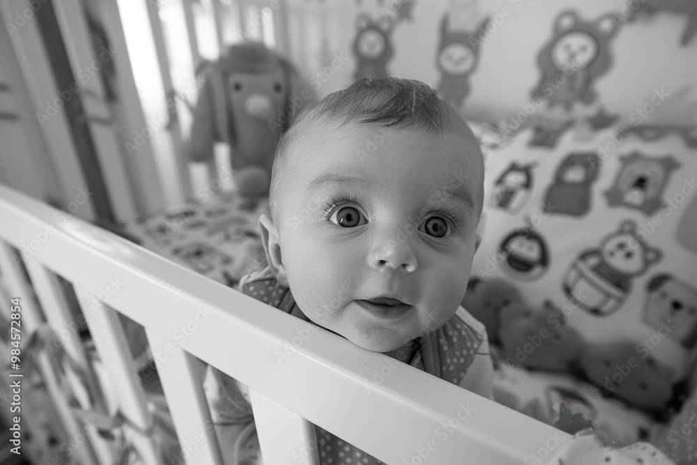 Black-and-white photo of a baby with wide eyes peeking over the crib ...