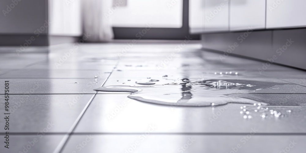 Water or clear liquid spilled on modern kitchen floor White tone tile ...