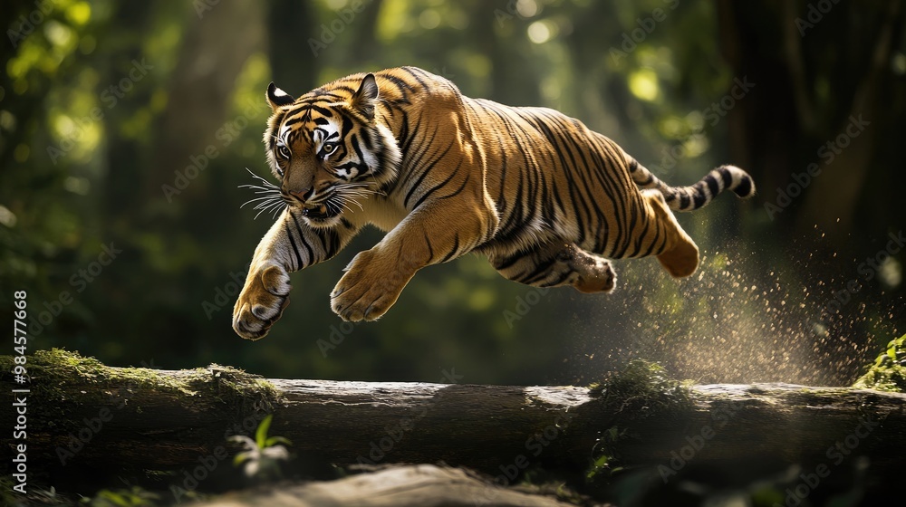 A high-res photo of a tiger leaping over a fallen log in the jungle ...