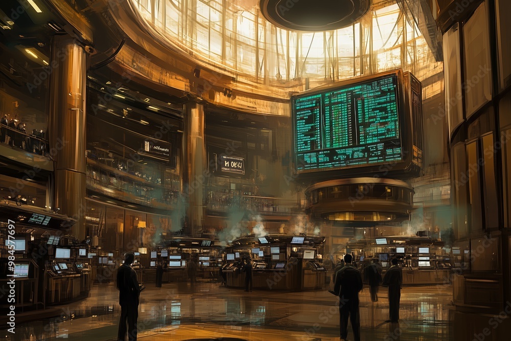 Futuristic trading floor bustling with activity during a busy trading ...